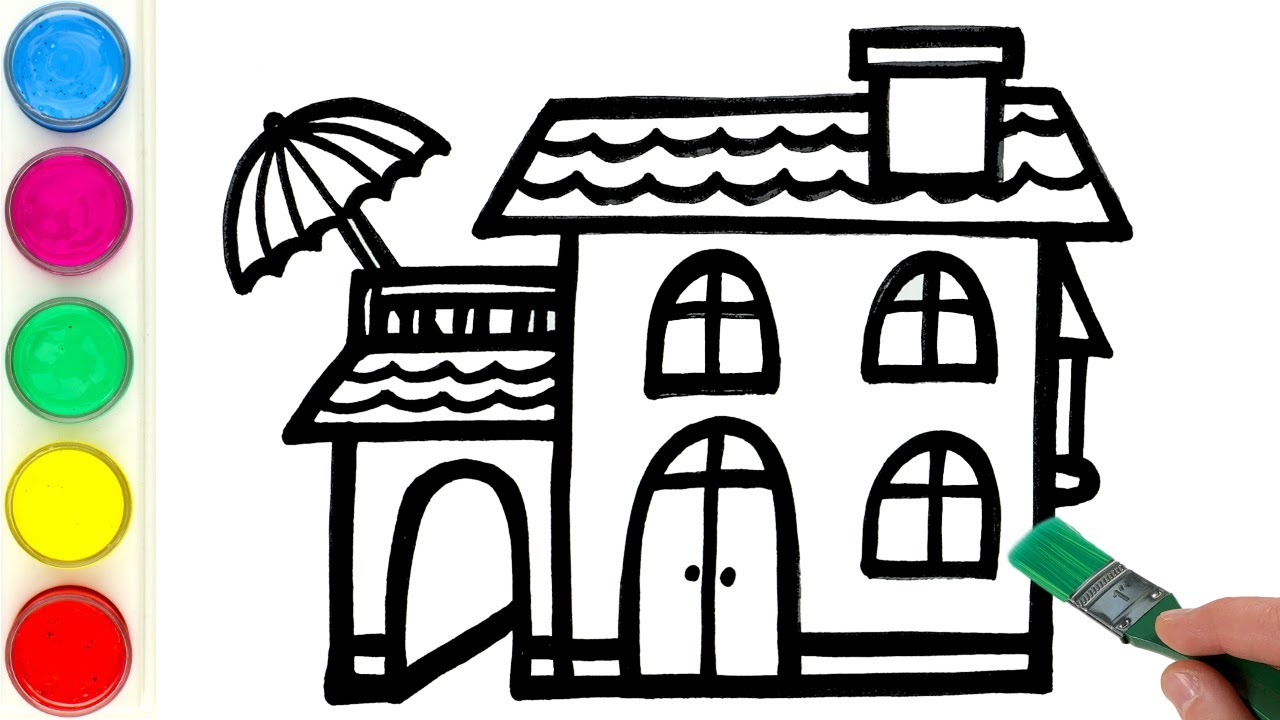House with Umbrella Drawing, Easy Acrylic Painting for Kids | Let's ...