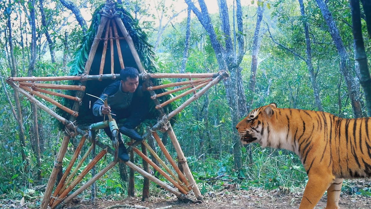build amazing primitive Star Hut for hiding tiger survival life in ...
