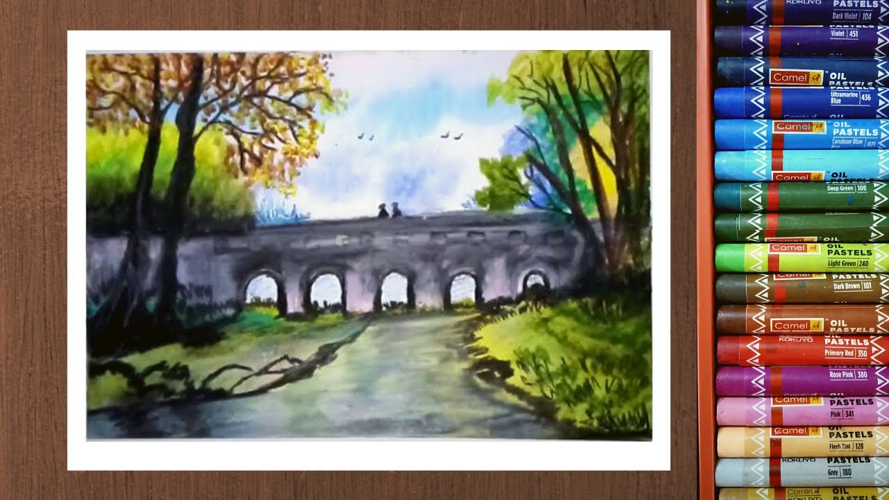 How to draw bridge landscape| Easy drawing for beginners| Oil pastels ...