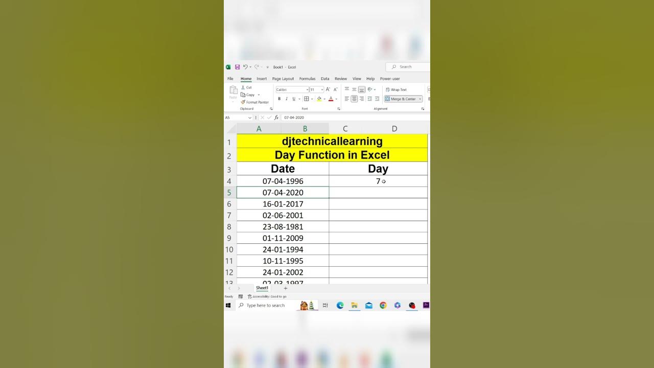Day Function In Excel Day Formula In Excel Excel Exceltutorial Dataentry Exceltips Youtube