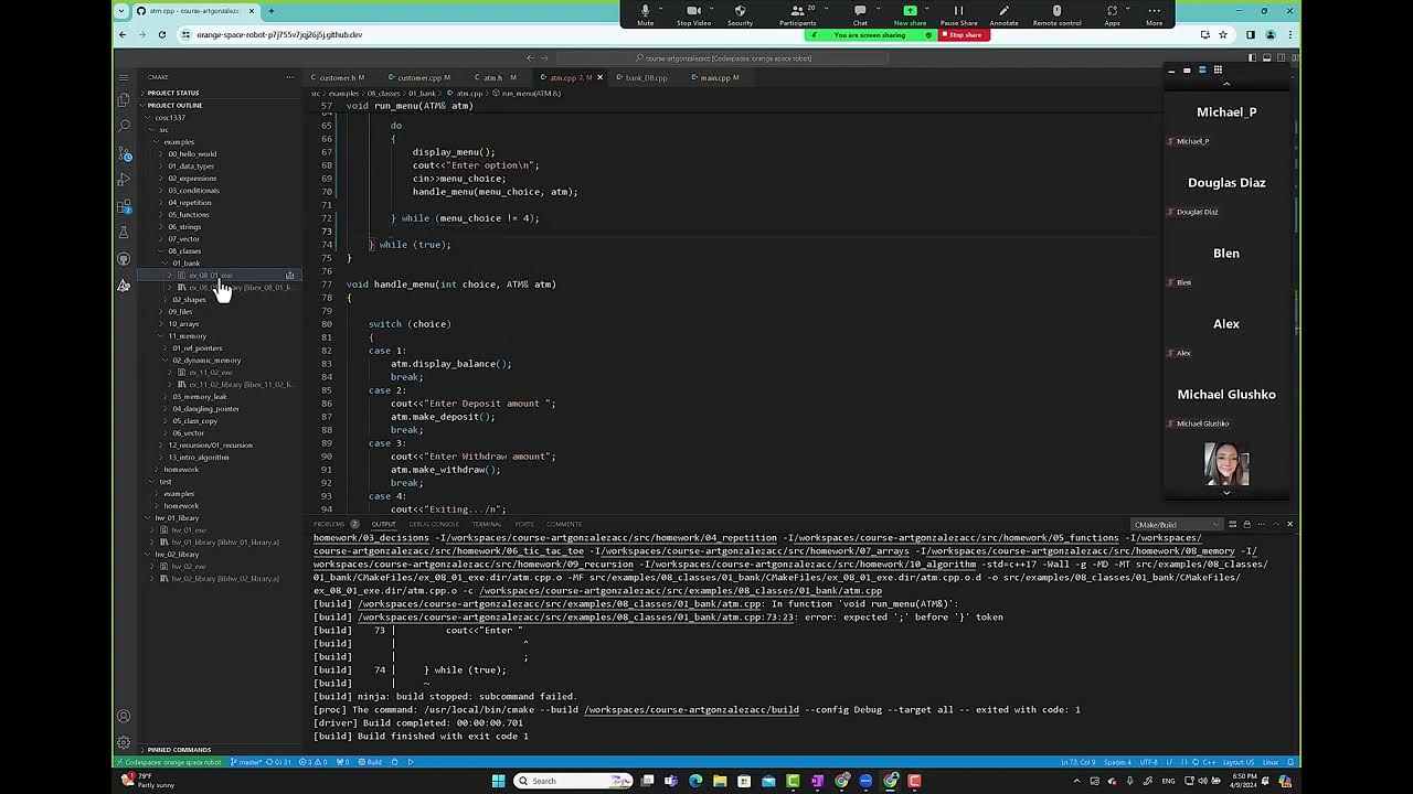 040924 COSC 1337 C++ ATM update menu - YouTube