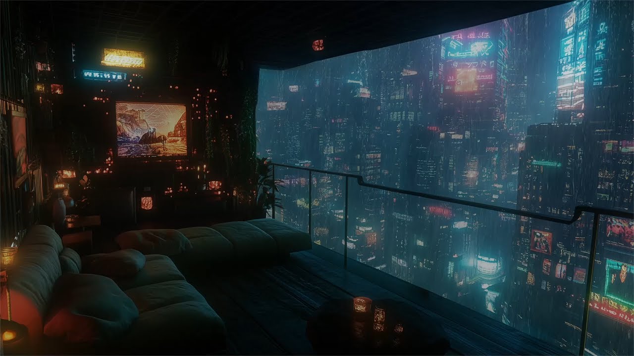 🎧 Peaceful Cybernetic Balcony: Rain and Dreamy Ambient Tunes | 12 Hours ...