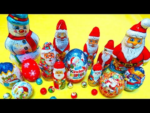 Christmas surprise eggs and toys, including chocolate Santa Claus and snowmen