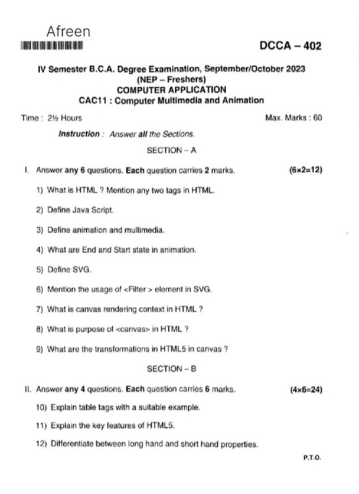 Computer Multimedia and Animation(NEP) 4th sem 2023 #questionpaper #BCA ...