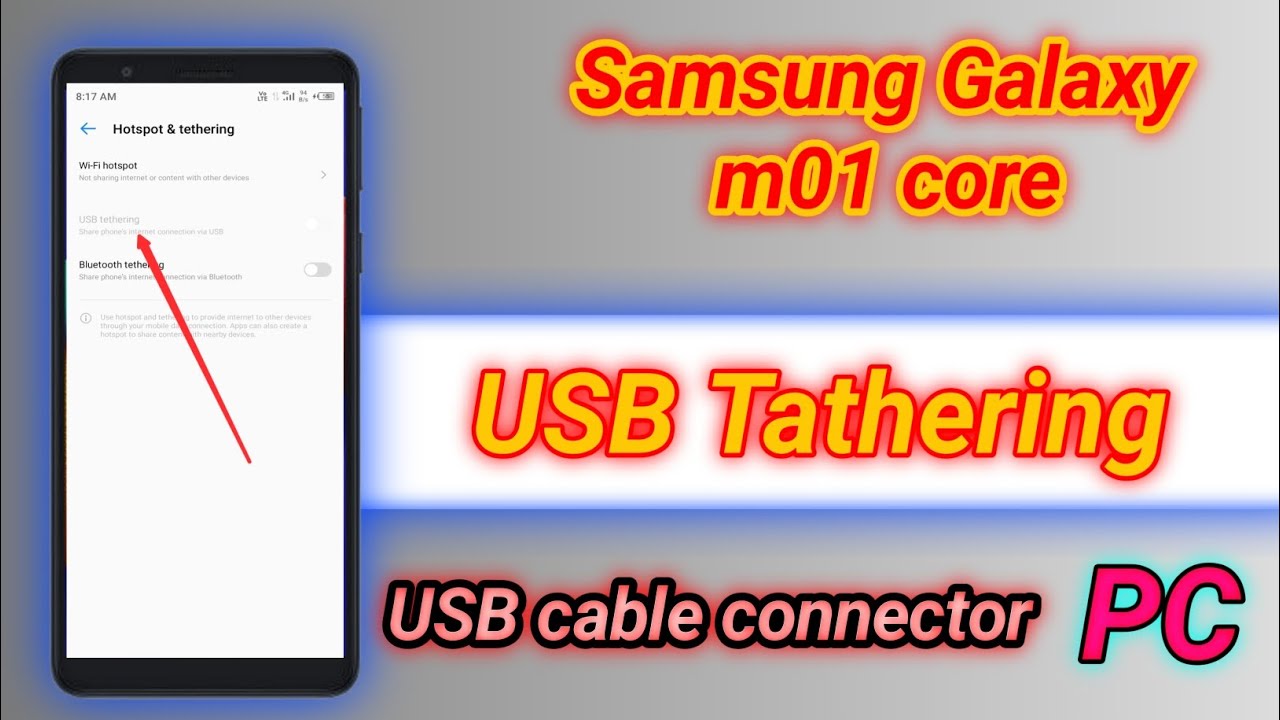 Samsung Galaxy m01 core USB Tathering USB cable connector pc - YouTube