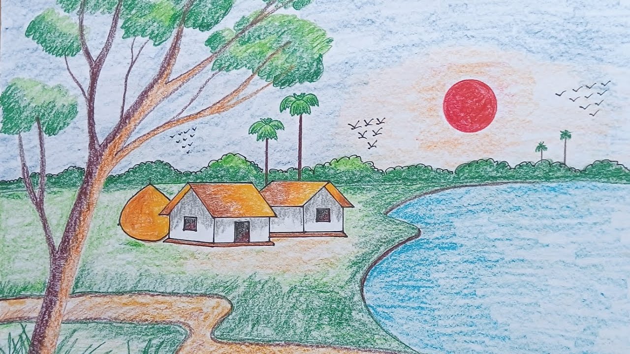 How To Draw Simple Village Landscape Easy Step By Step | Pencil Colors ...