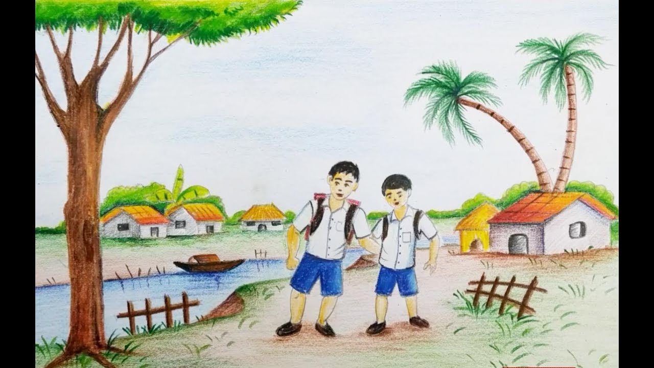 how to draw village boys are going to school (আমাদের গ্রাম) - YouTube
