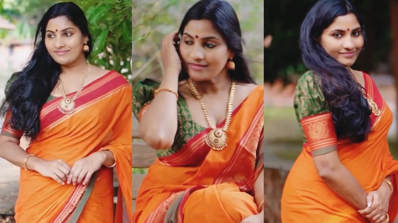 Elegant Orange Saree Look | Traditional South Indian Style with Gold ...