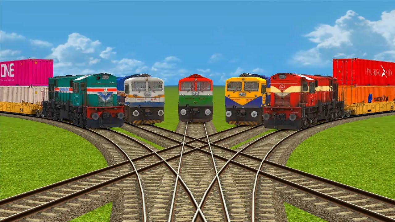 5 Colorful Trains Crisscrossed On Cross X Sharp Bend Railroad Track ...