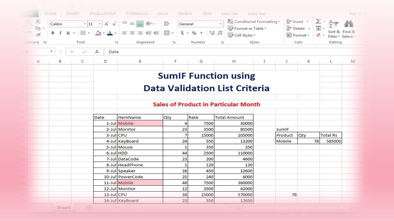 Sumif Data Validation List Criteria Youtube