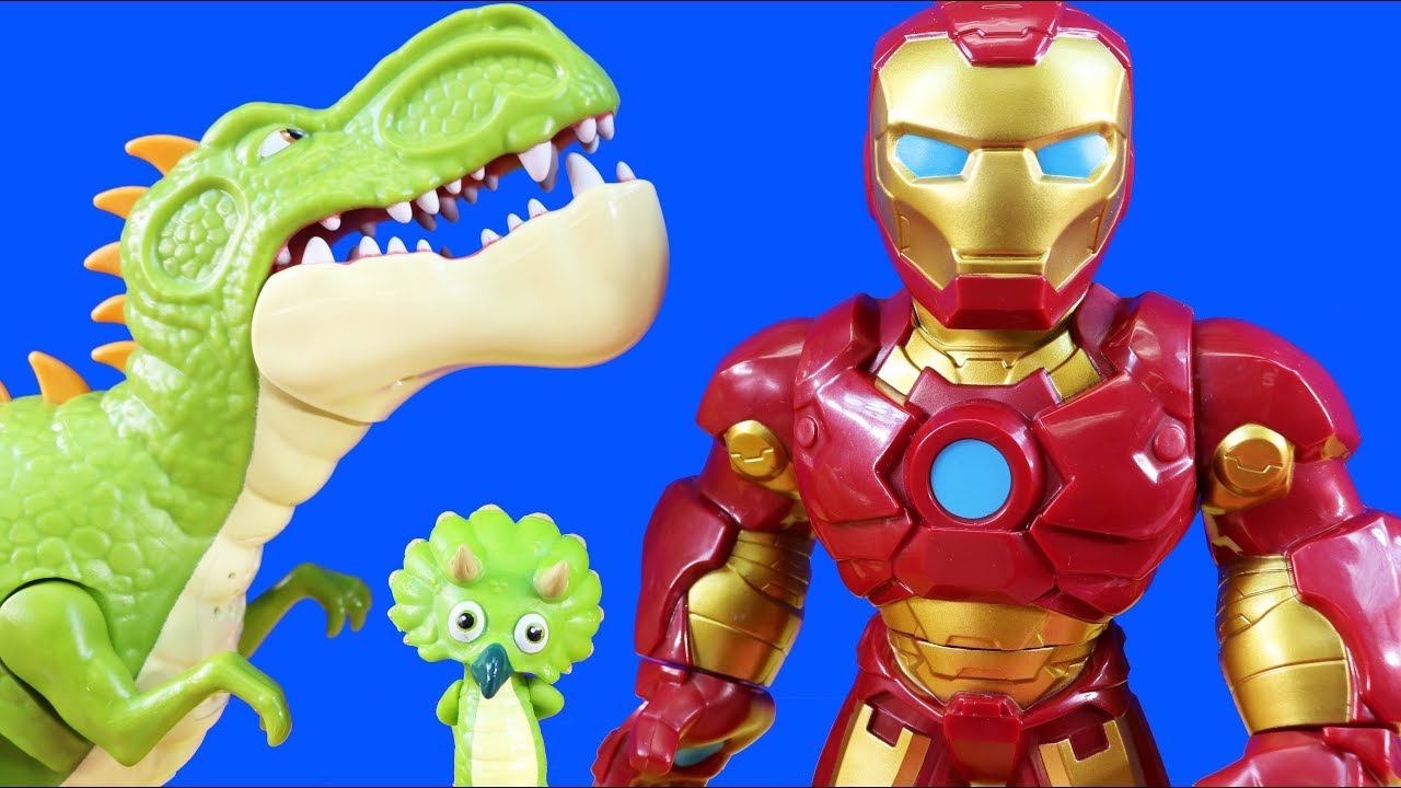 Iron Man Robot Helps Giganto Dinosaur Rescue The Dino Friends - YouTube