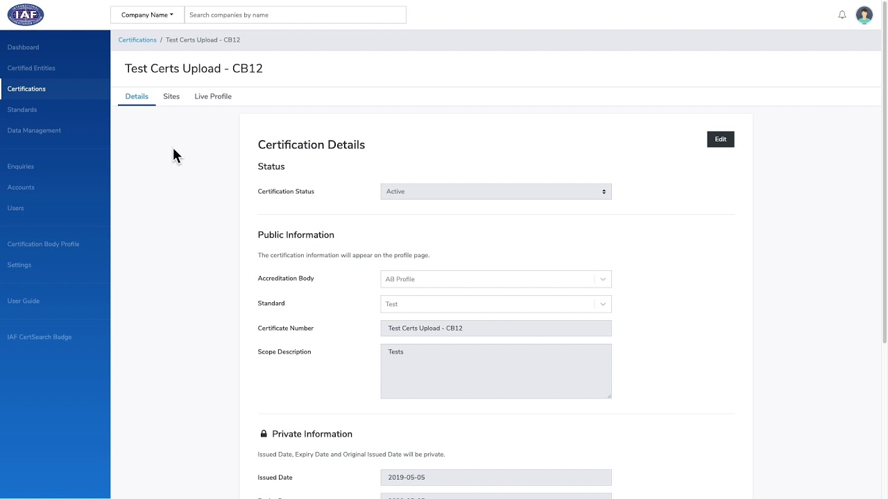 Certification Body_Certifications_How to add Certification Sites to a ...