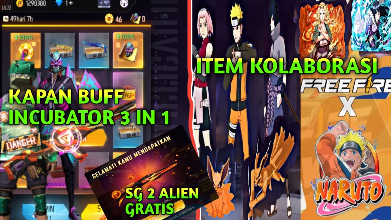 BOCORAN ITEM FF X NARUTO, SG 2 INCENDIUM BURST RELAUNCH, KAPAN BUFF INCUBATOR 3 IN 1, SG 2 M1887 ...