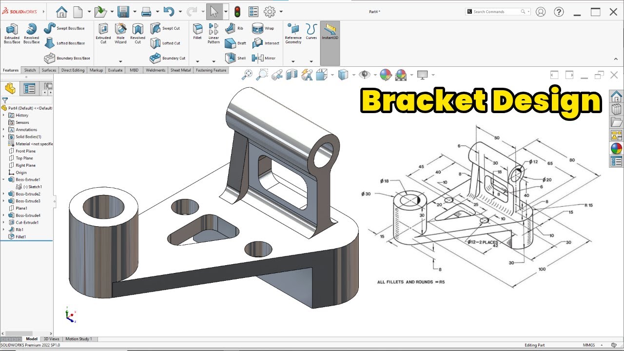 SolidWorks Tutorial – Design a Complex Bracket with Fillets and Ribs ...
