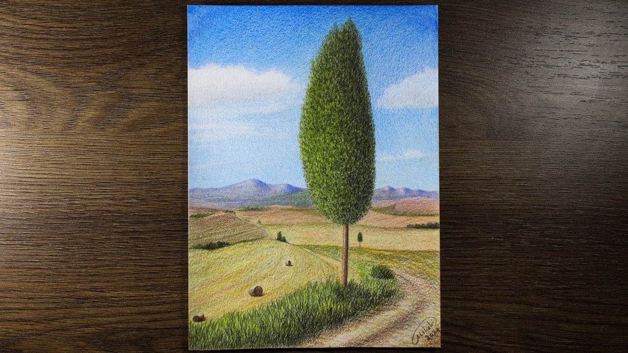 How to draw a tree in a landscape with cheap colored pencil - Speed ...