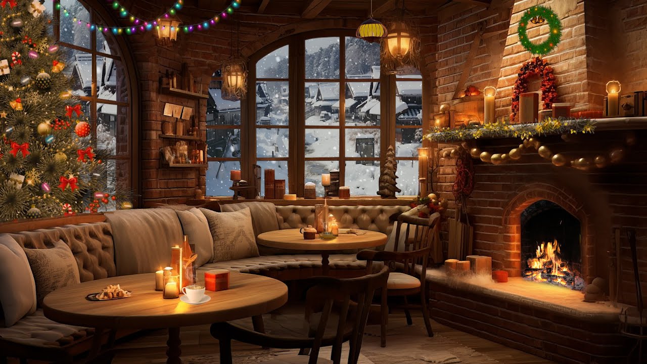Cozy Christmas Coffee Shop Ambience with Fireplace and Coffee Shop ...