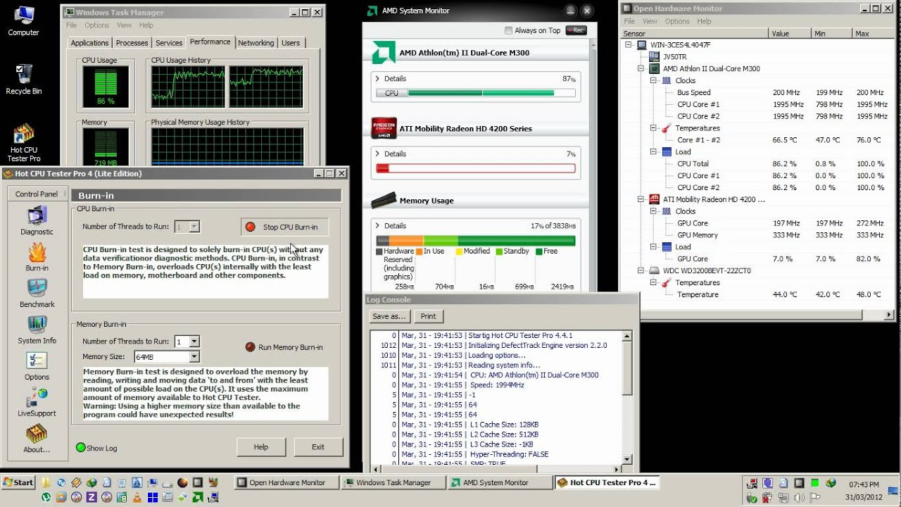acer 5542 amd m300 dc hot cpu tester max temp 70 - YouTube