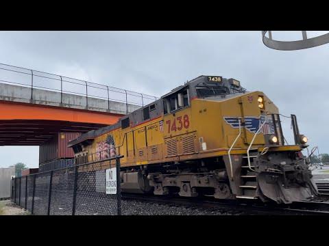 UP 7438 leads an intermodal in La Porte - YouTube