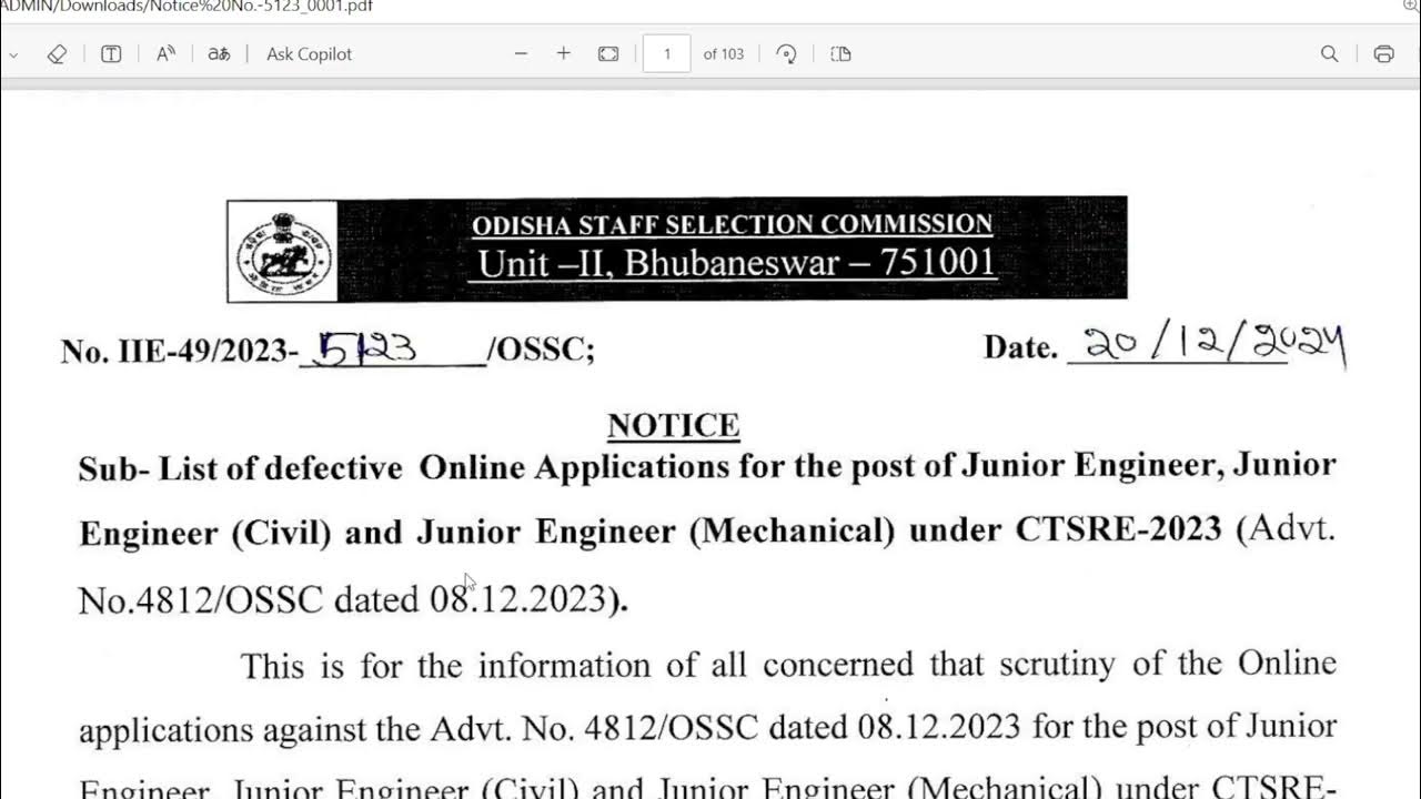 CTSRE 2023 Important OFFICIAL Notice || Rejection List & Rectification Time Line | OSSC JE 2023 ...