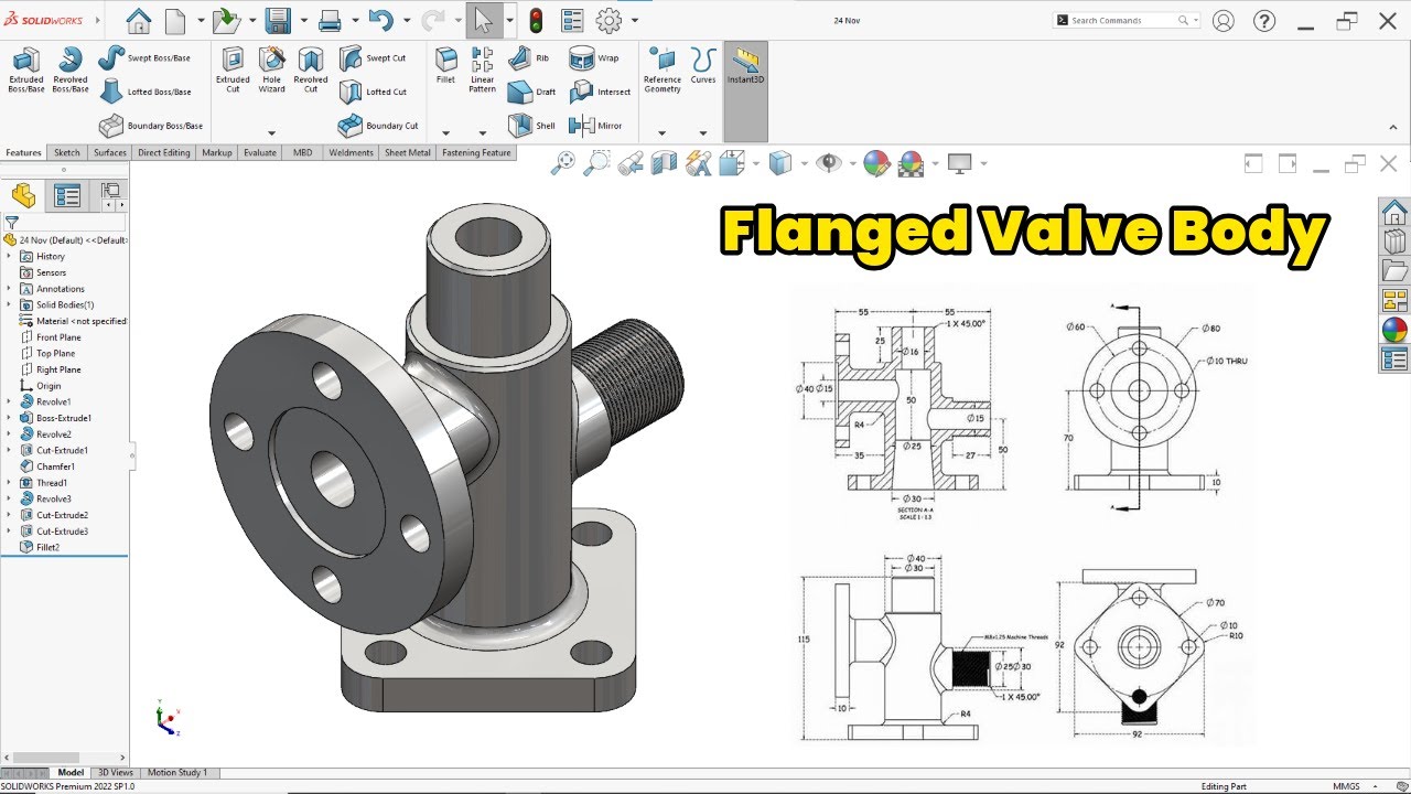SolidWorks Tutorial: Creating a Flanged Valve Body Step by Step - YouTube