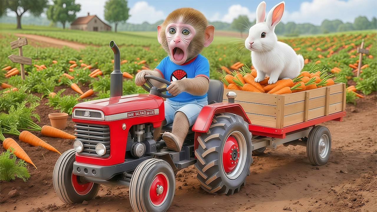 Monkey NaNa Drives a Tractor to Harvest Carrots and Rescues a White ...