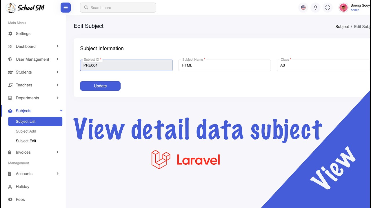 View Data Detail Subject Record Laravel 10 School System Youtube