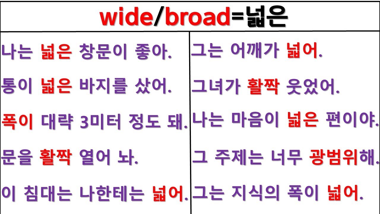 뉘앙스로 영작하기 (37일 째) / wide / broad / 원어민 뉘앙스 구별하기 - YouTube