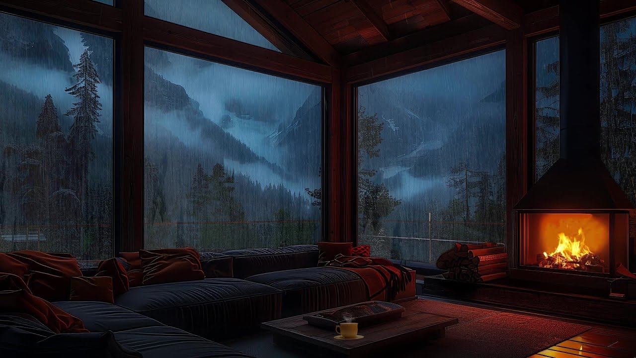 Cozy Cabin Living Room Ambience with Rain Sounds and Fireplace sounds ...