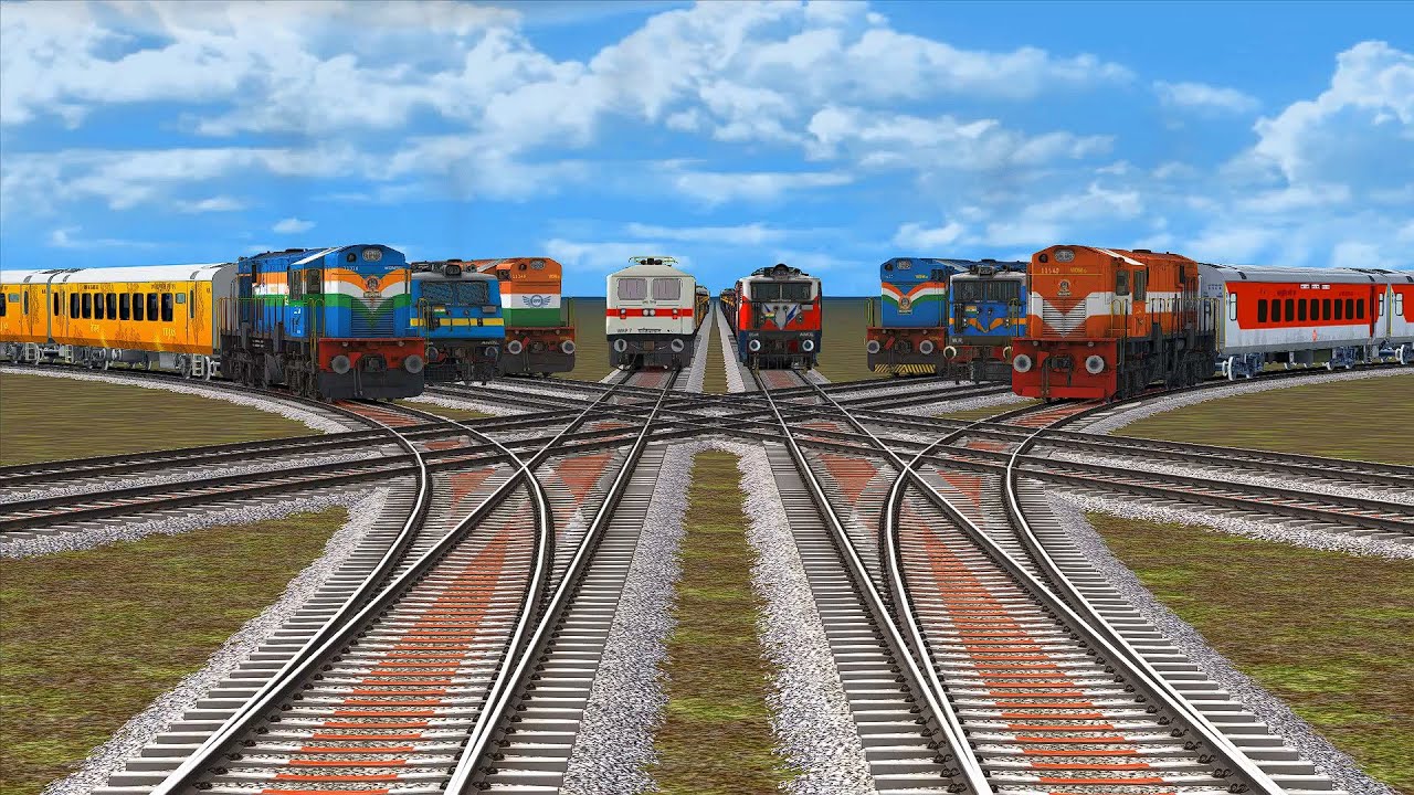 8 Different TRAINS Crossing On CRAZY Line SHARP BEND Railroad Track - Indian Train Simulator ...