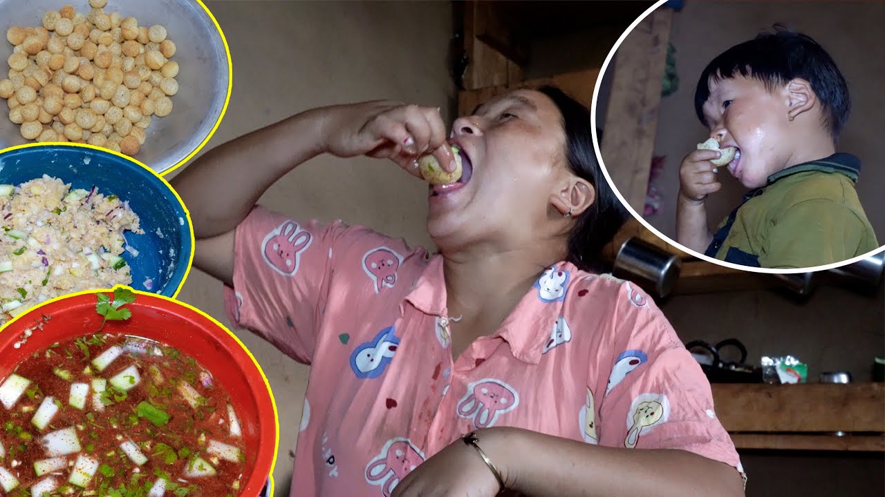 Yummy Pani puri enjoying in Jina's home II Village pani puri Cooking ...