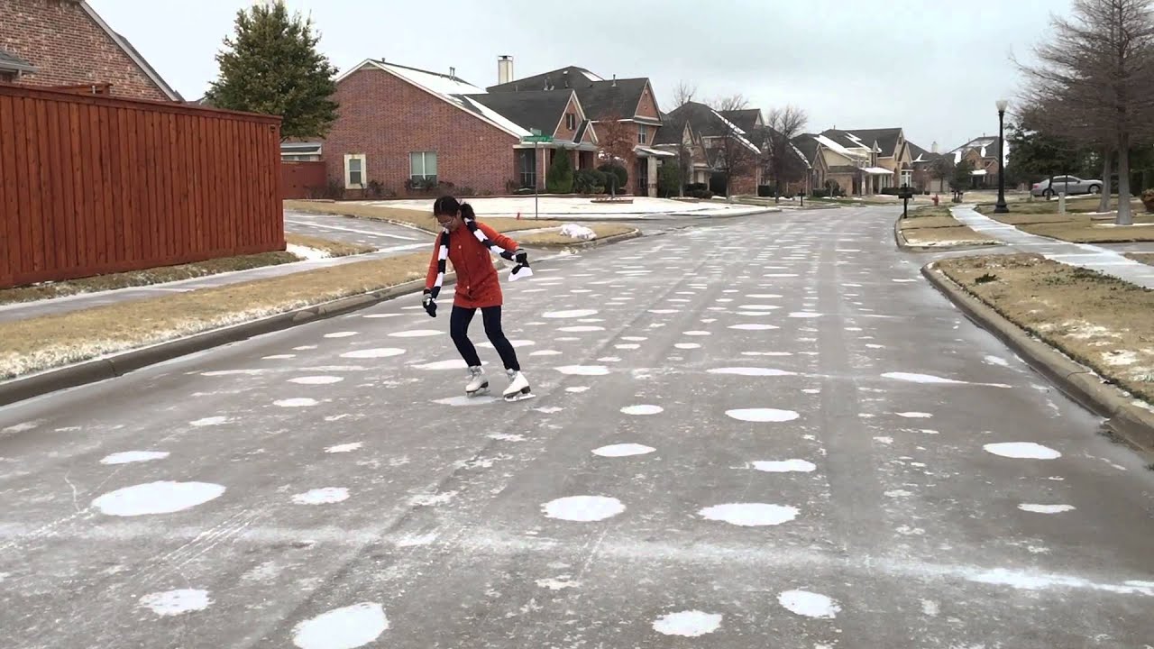 Ice skate on Texas road during north Texas ice storm - YouTube