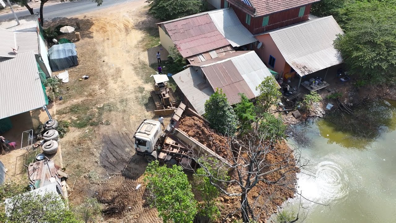 New Project!! Bulldozer Cat 3C Pushing Soil to fill the pond with Dump ...