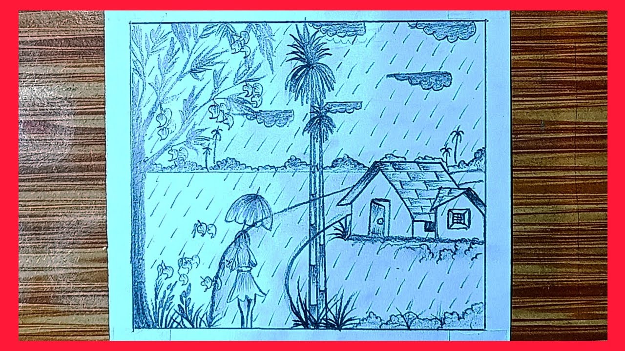 How to drawing scenery of rainy season by pencil sketch step by step ...