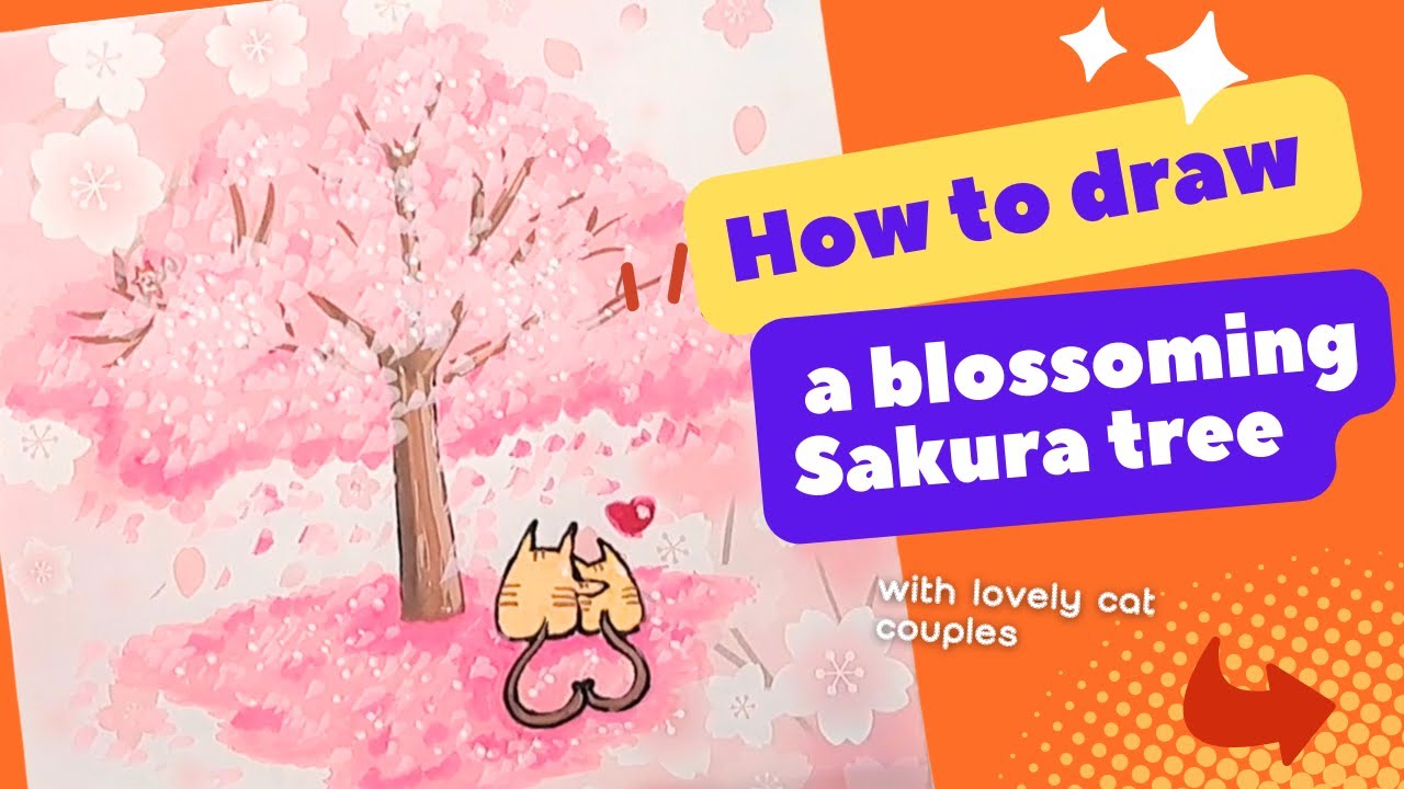 How to draw a blossoming Sakura tree with lovely cat couples. - YouTube