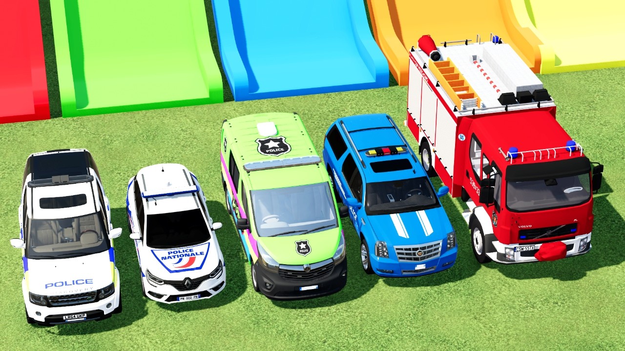 TRANSPORTING CARS, POLICE CAR,AMBULANCE,MONSTER TRUCKS OF COLORS,FIRE ...