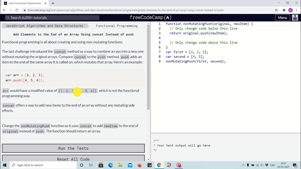 Tutorial 14 Add Element To The End Of An Array Using Concat Freecodecamp Youtube