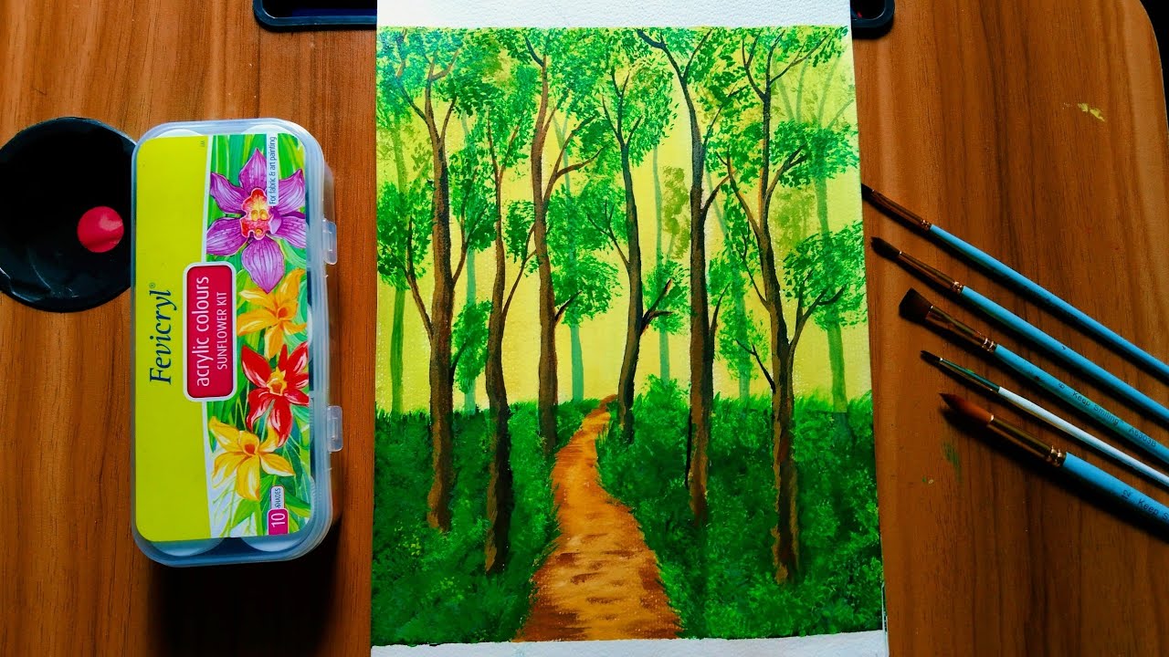 green forest painting with acrylic colour/ how to paint forest step by ...