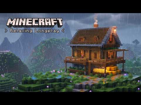 Minecraft Relaxing Longplay | Rainy Flower Mountain - Cozy Starter House | No Commentary
