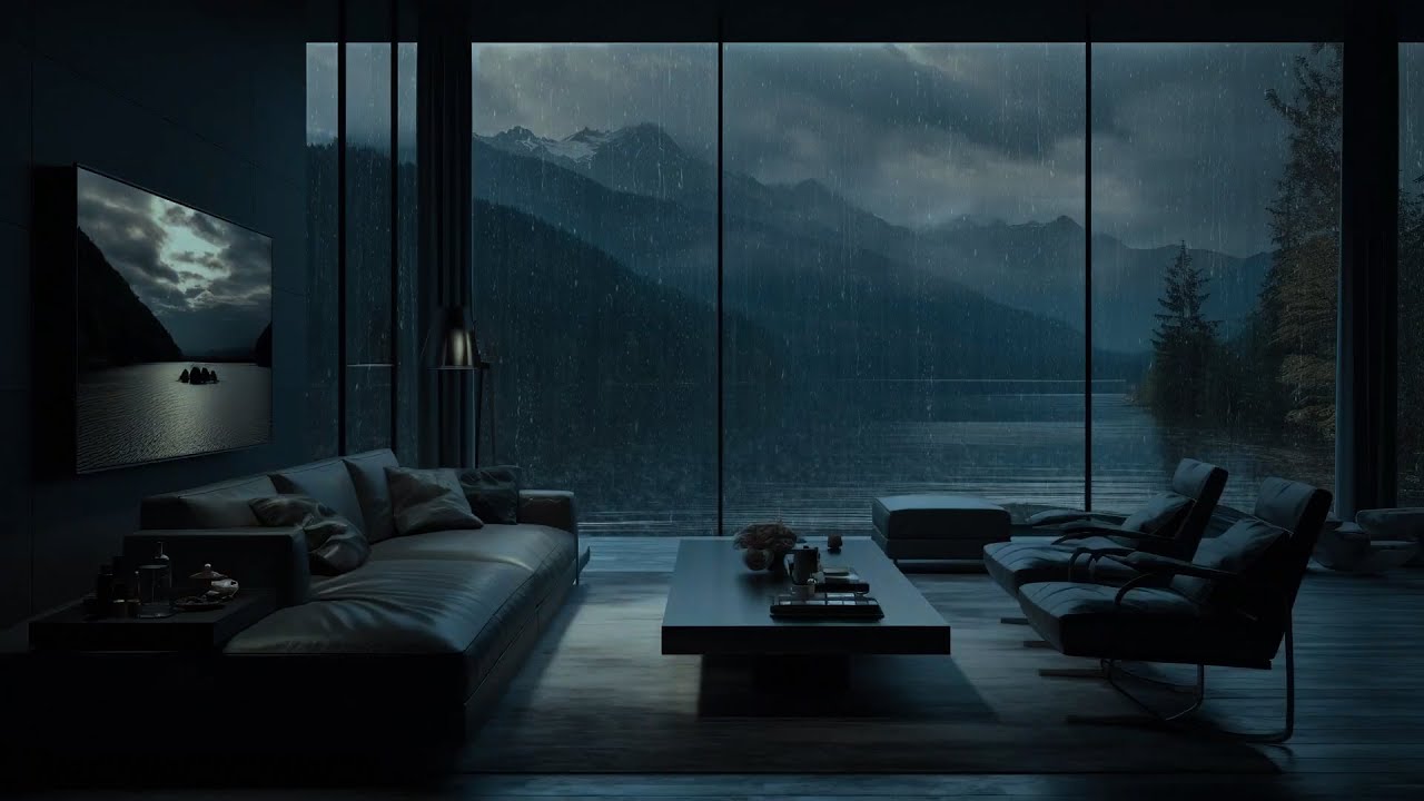 Modern Living Room In Rainy Forest - Relaxing Sound with Rain on Window ...