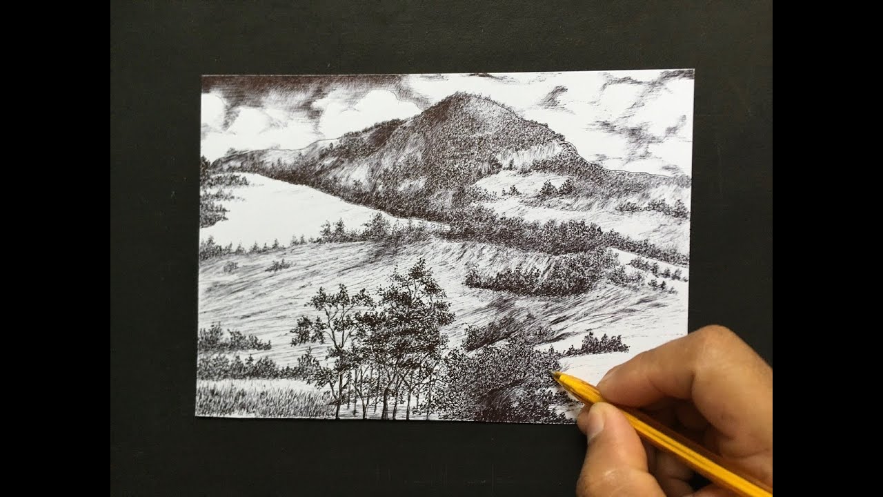 Ballpoint pen art drawing | Hillside landscape | DENIS SAOR Art - YouTube