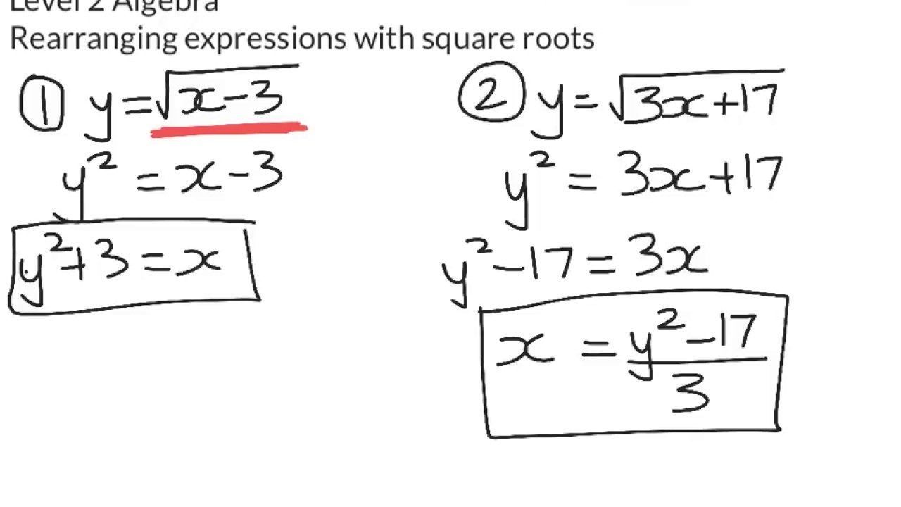 Level 2 Algebra Rearranging Equations With Square Root Signs YouTube