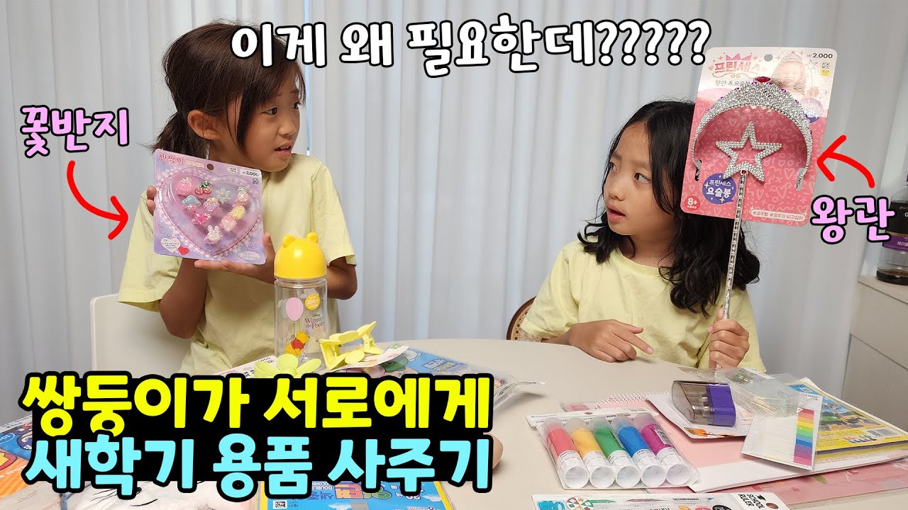 다이소에서 쌍둥이가 서로에게 새학기용품을 10개씩 사줬어요 그런데 꽃반지랑 왕관이 왜 필요한건데 ㅋㅋㅋ 새학기 준비