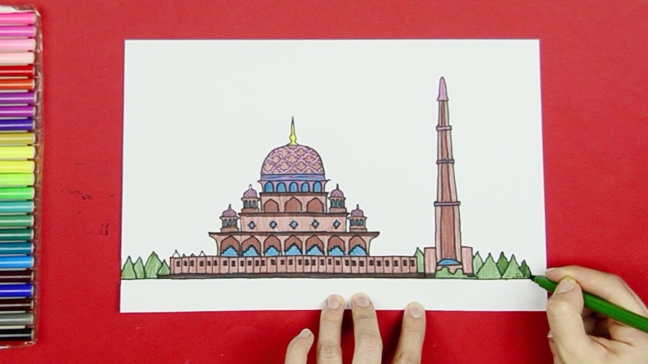 How to draw Putra Mosque (Masjid Putra), Malaysia - YouTube