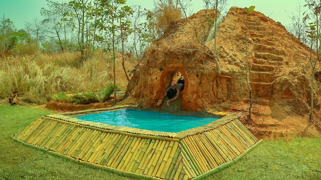 Dig a Cliff to Build the Amazing Natural Waterfall Bamboo Swimming Pool ...