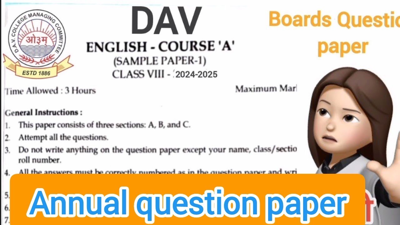 DAV class 8th english question paper boards examination 2024-25 |sample paper| - YouTube