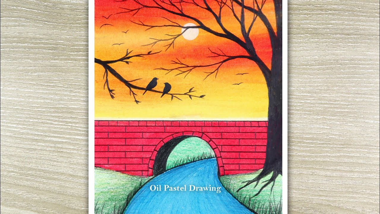 How to Draw Sunset Scenery with Oil Pastels, Bridge Landscape Drawing ...