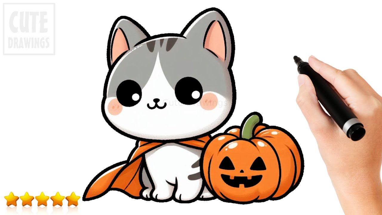 How To Draw A Cat And Pumpkin For Halloween (Easy and Cute) - YouTube