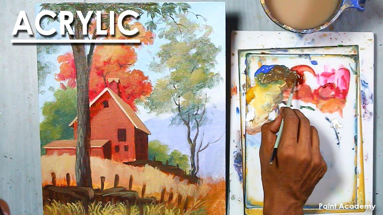Landscape Painting in Acrylic | A Beautiful House Landscape - YouTube