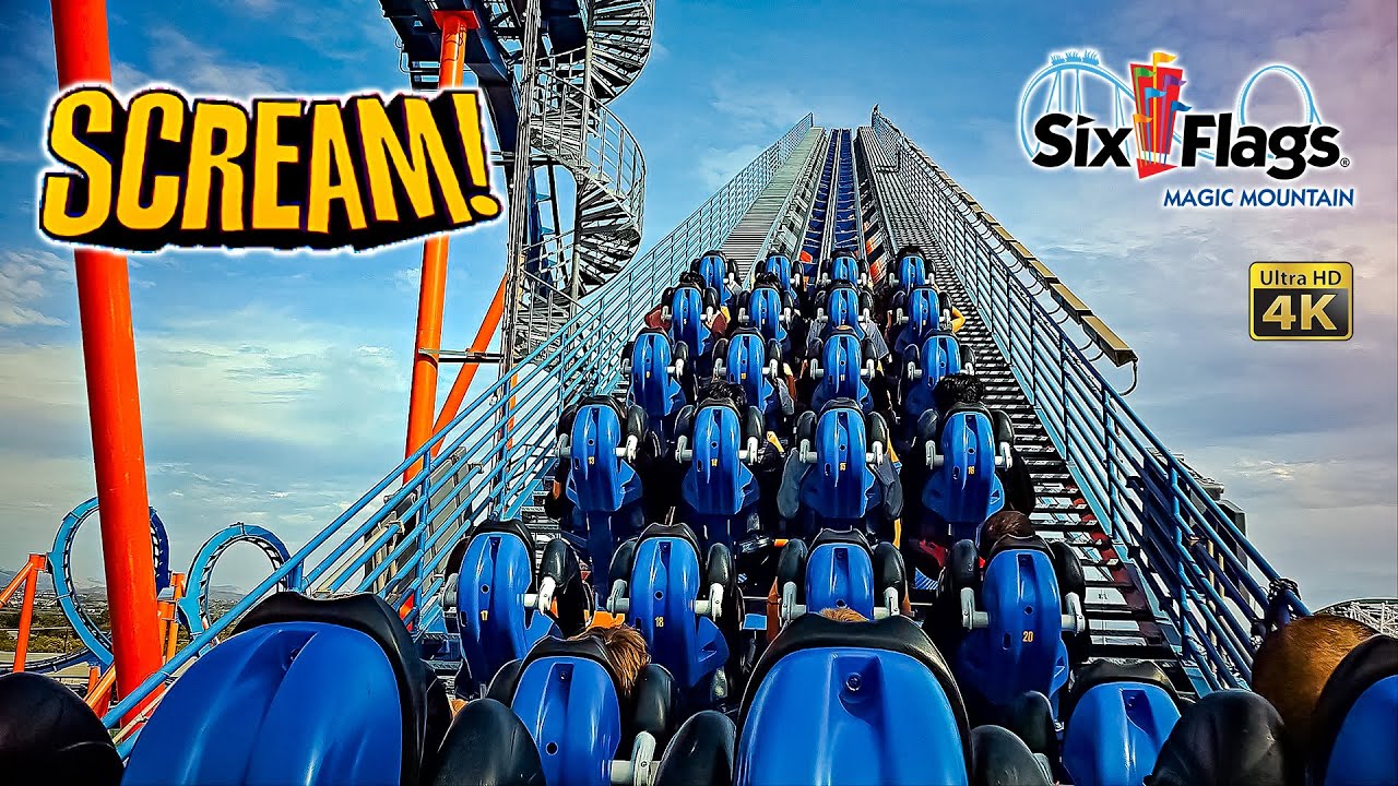 October 2024 Scream Floorless Roller Coaster On Ride Back Row 4K POV Six Flags Magic Mountain ...