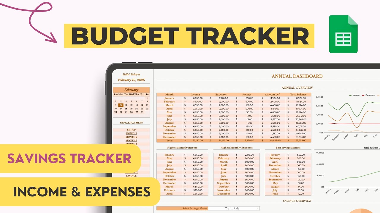 Income & Expense Tracker Spreadsheet | Annual Budgeting with Google ...